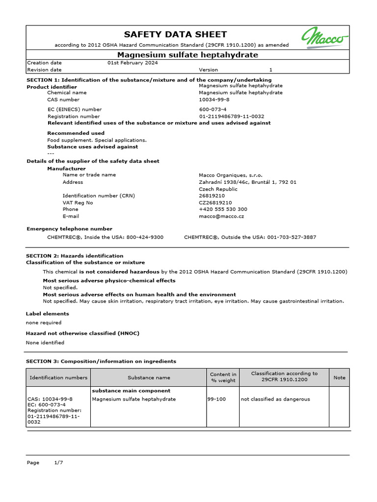 SDS Magnesium Sulfate Heptahydrate To USA | PDF | Personal Protective ...