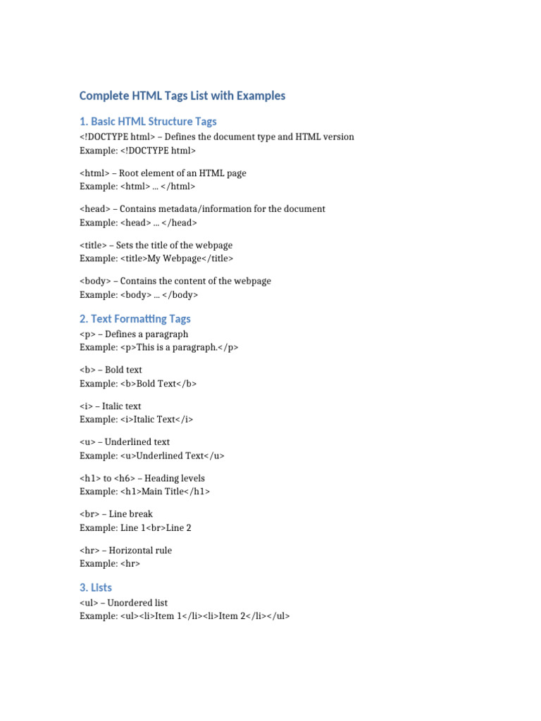 HTML Tags List With Examples | PDF