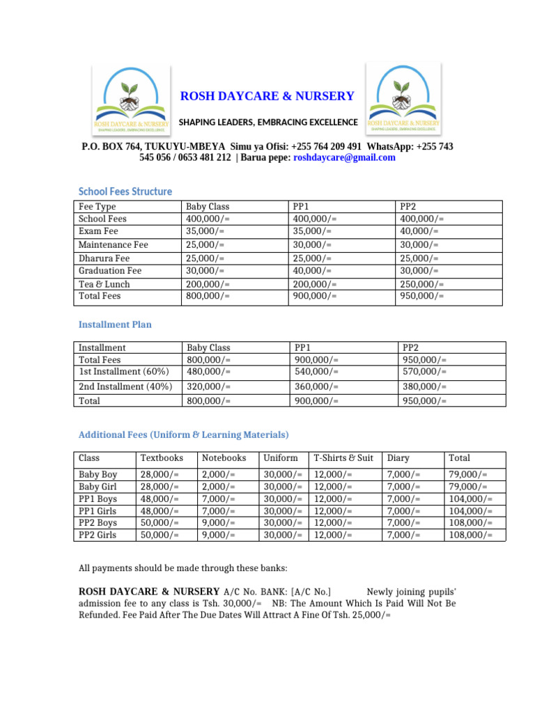 Rosh Daycare Fee Structure Overview | PDF