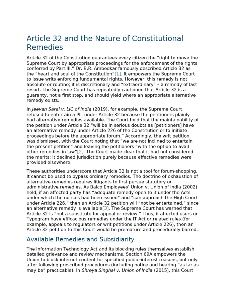 Article 32 and The Nature of Constitutional Remedies | PDF | Mandamus ...