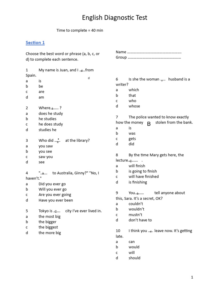 English Diagnostic Test | PDF