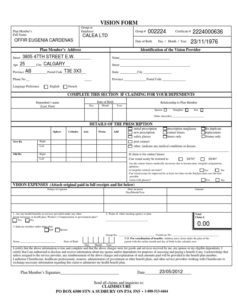 Vision Claim Submission Form | PDF | Contact Lens | Ophthalmology
