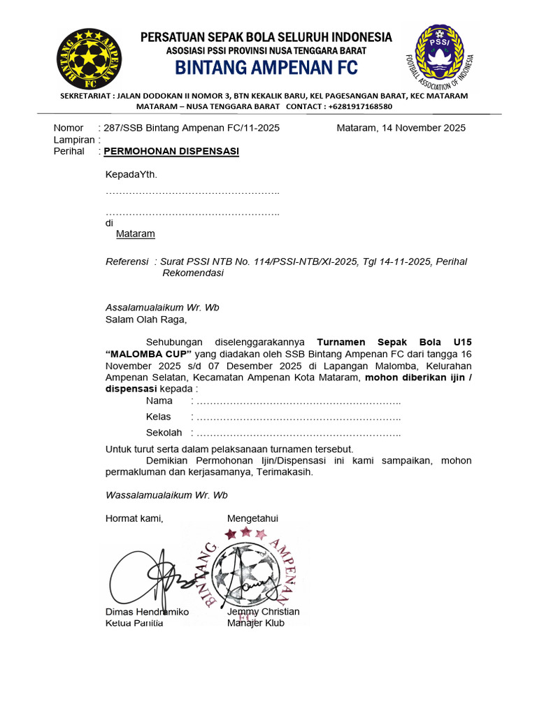 Permohonan Dispensasi Turnamen U15 Malomba | PDF