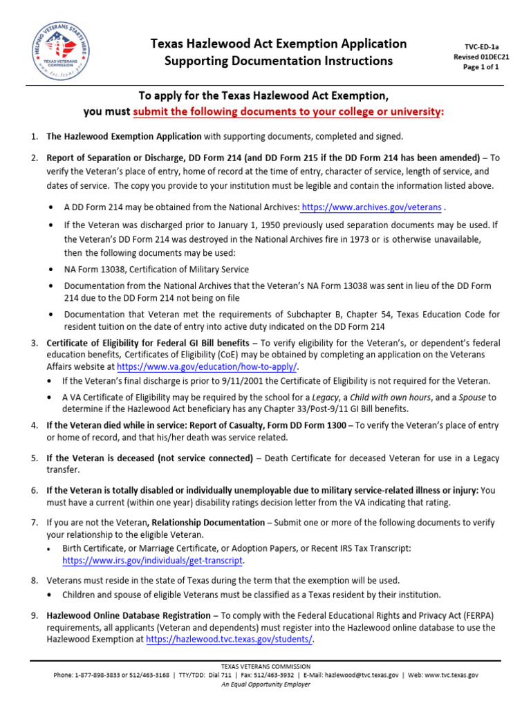 Forms TVC ED 1 and TVC ED 1a Texas Hazlewood Act Exemption Application ...