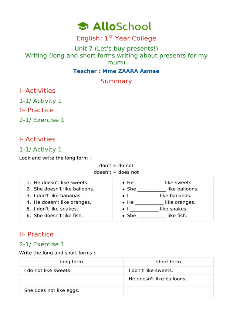 Unit 7 Writing Long and Short Forms Writing About Presents For My Mum 2 ...