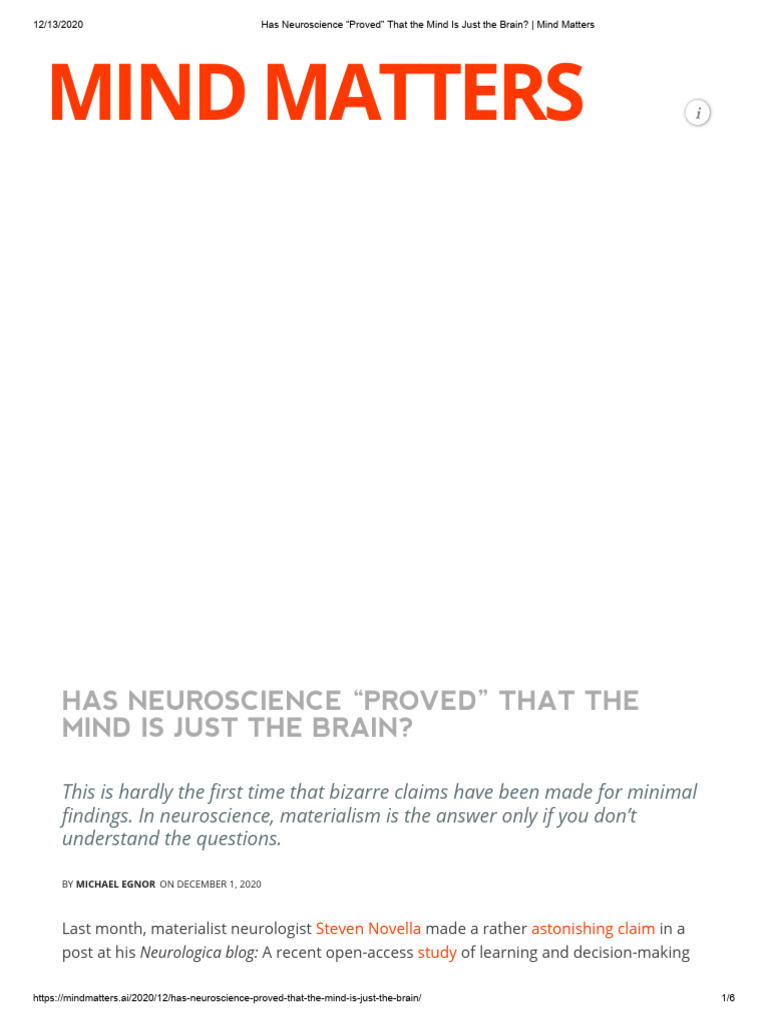 Has Neuroscience "Proved" That The Mind Is Just The Brain ? | PDF ...