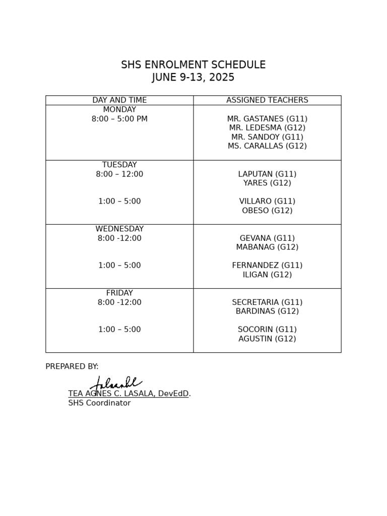 SHS Enrolment Schedule: June 2025 | PDF