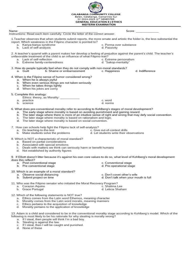 Ethics Midterm Exam Copy 3 | PDF | Morality | Free Will