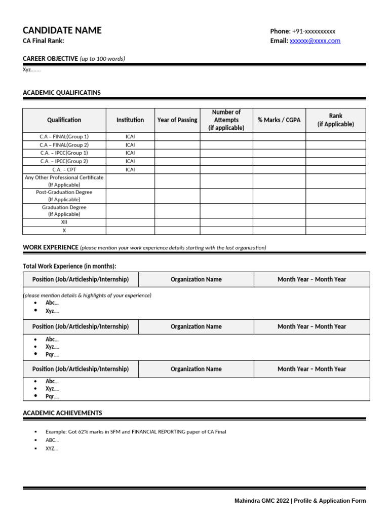Mahindra GMC 2022 - Profile & Application Form | PDF