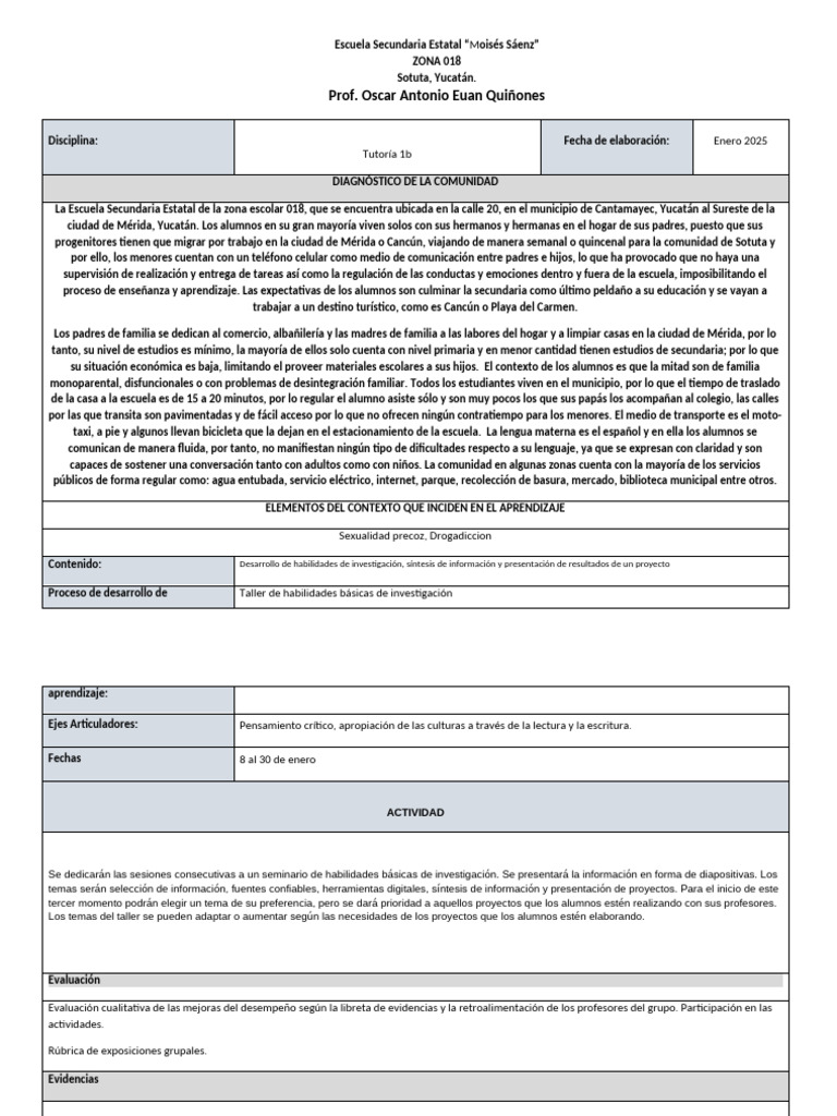 1b Tutoria Planeacion Enero | PDF | Escuelas | Aprendizaje