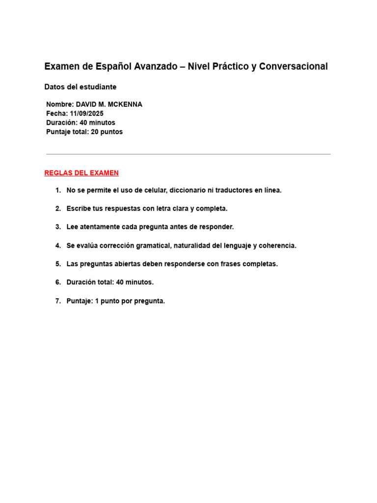 Examen de Español Avanzado: Práctica y Conversación | PDF