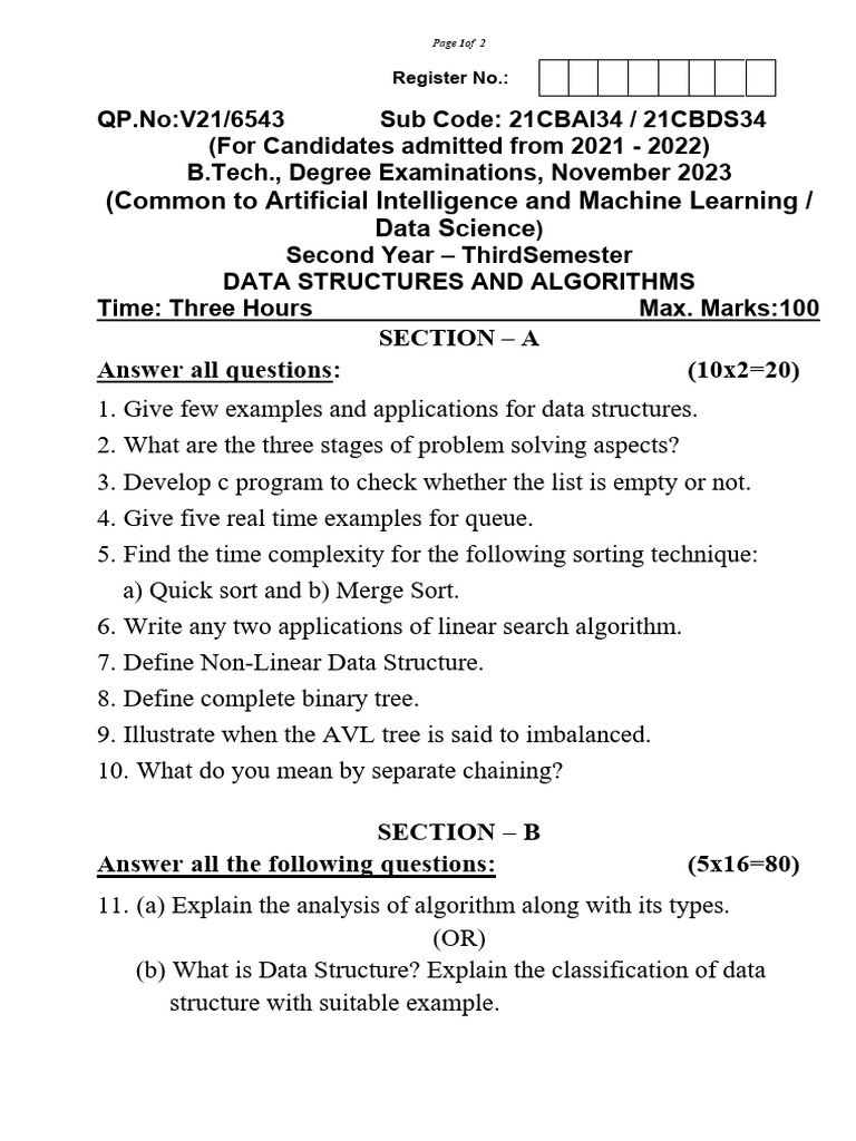 DSA QP A 2023 | PDF | Algorithms And Data Structures | Theoretical Computer Science