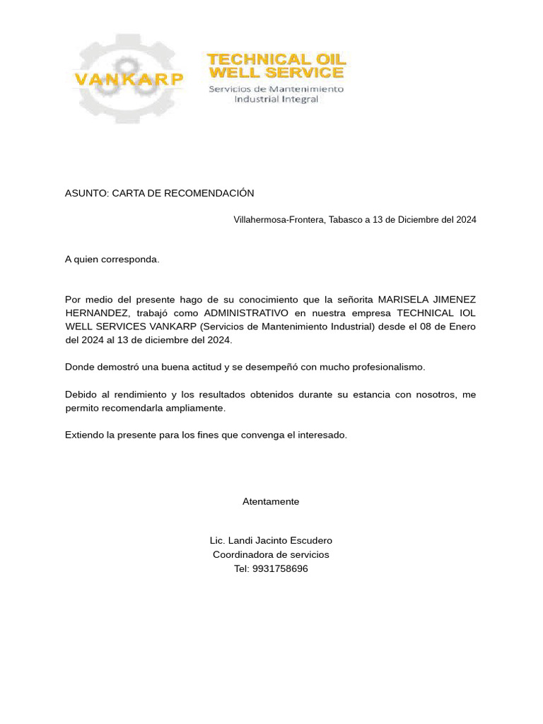 Carta de Recomendación para Marisela Jiménez | PDF
