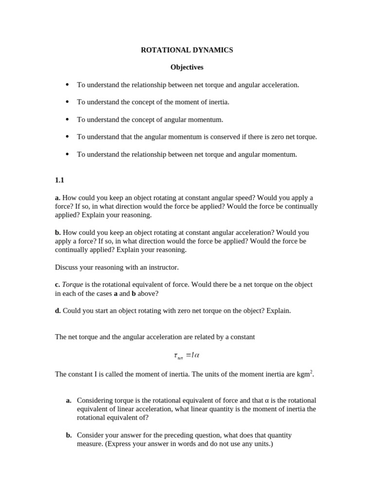 rotational dynamics lab-1 | PDF | Rotation Around A Fixed Axis | Torque