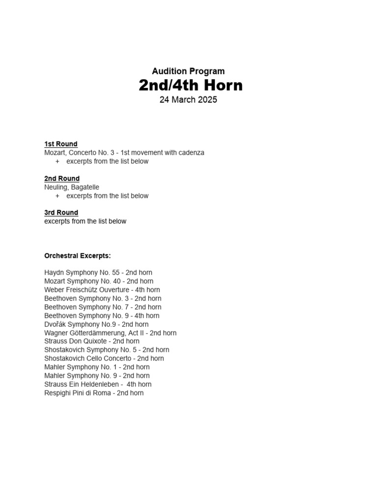 2025 2nd/4th Horn Audition Program | PDF | Symphony | Symphony No. 9 ...