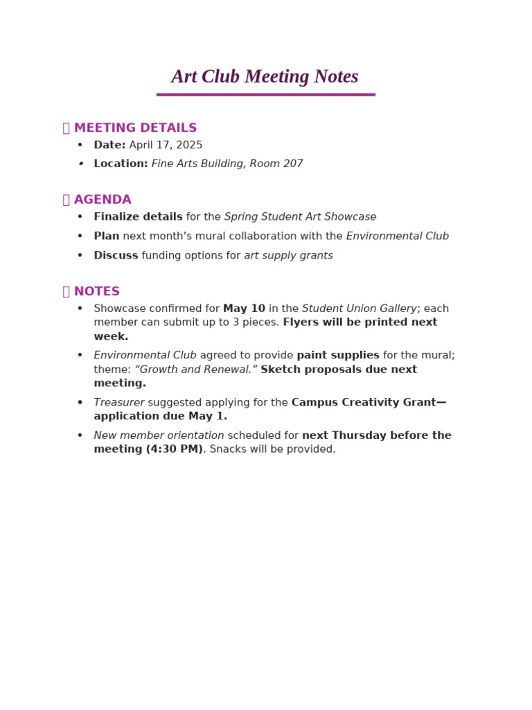 Art Club Meeting Notes | PDF