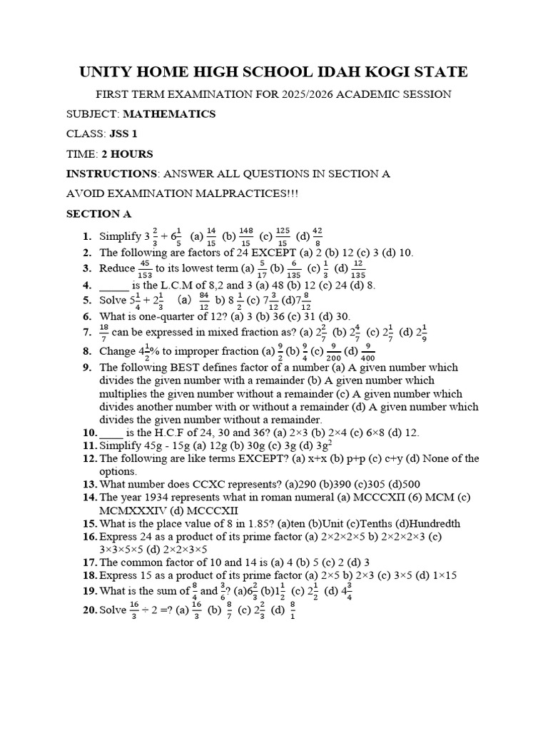 JSS 1 MATH | PDF | Numbers | Discrete Mathematics