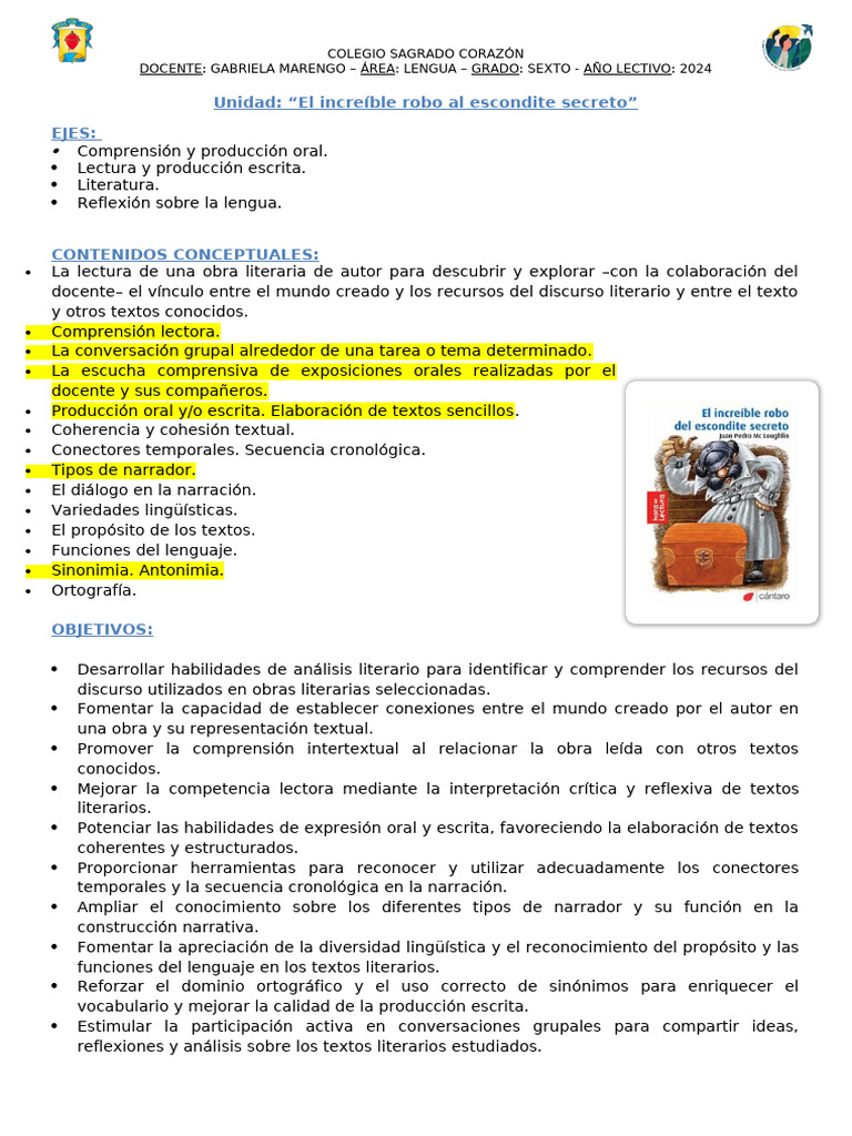 Lengua - Unidad El Increible Robo Del Escondite Secreto | PDF ...