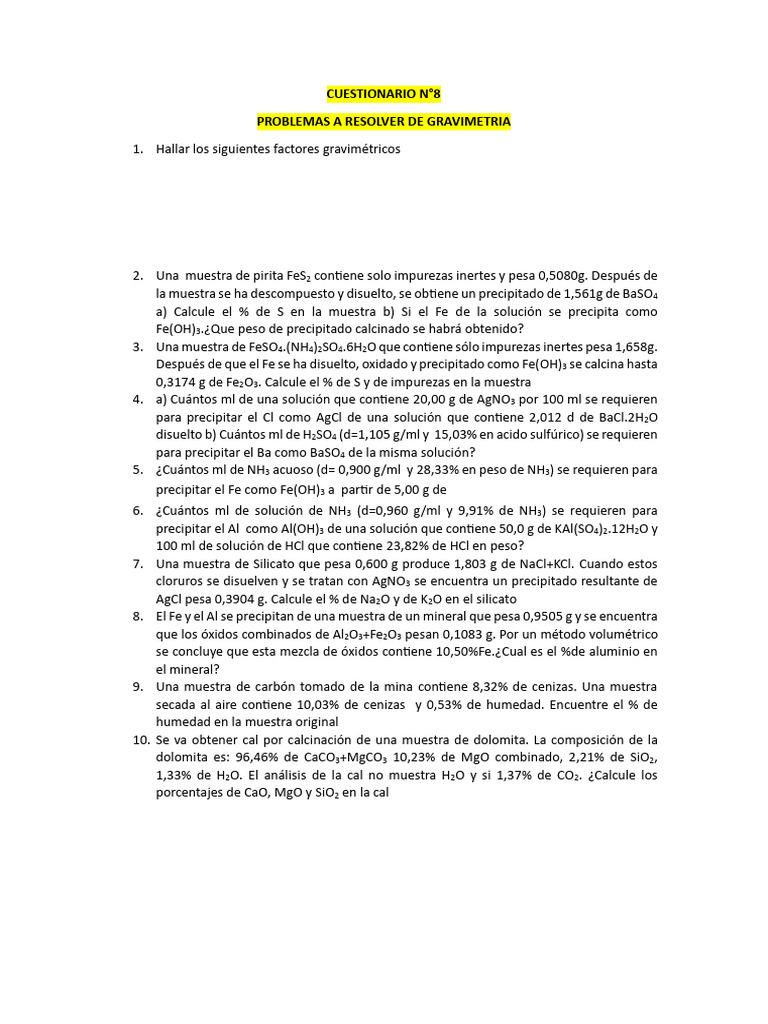 Cuestionario n8 Gravimetria Problemas Para Resolver (1) | PDF | Moléculas | Química
