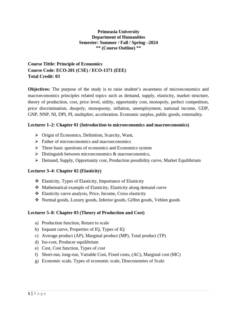 Principle of Economics (Course Outline) | PDF | Inflation | Economics