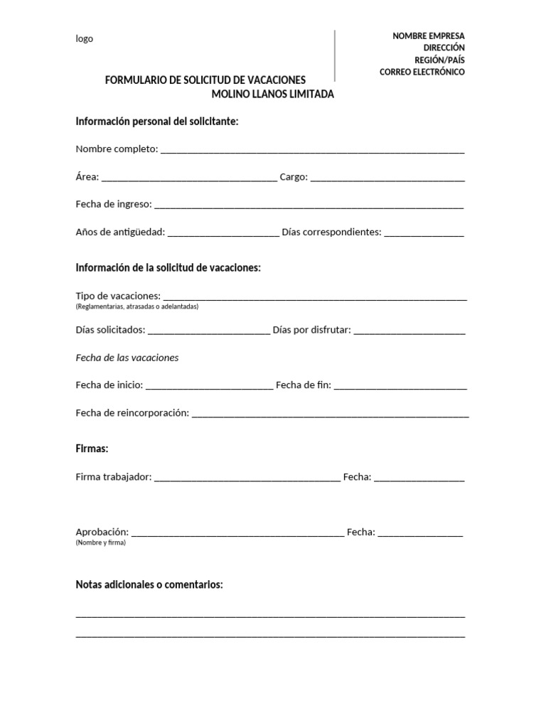 Formulario Solicitud Vacaciones en Blanco | PDF
