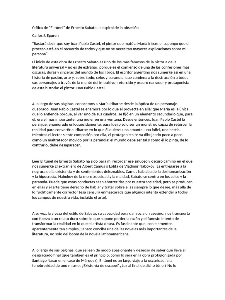 Crítica de "El túnel" de Sabato: obsesión y celos | PDF