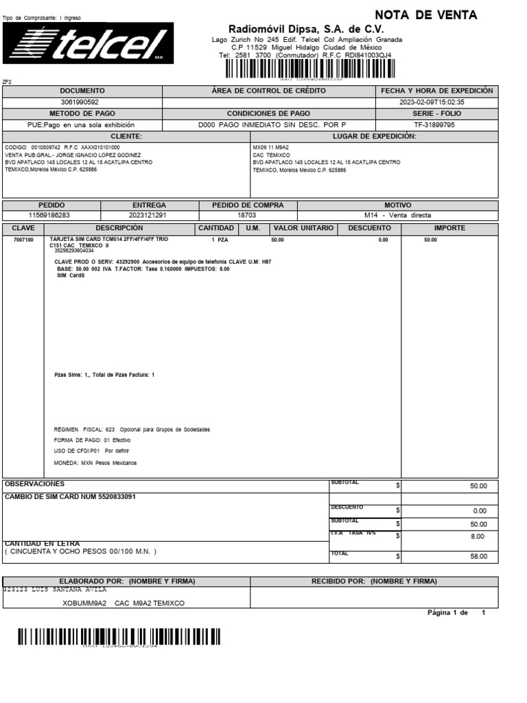 Factura Telcel Nota de Venta PDF | PDF