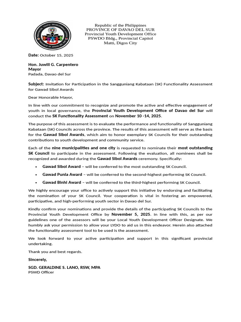 Letters to Mayors for the SK Functionality Assessment | PDF