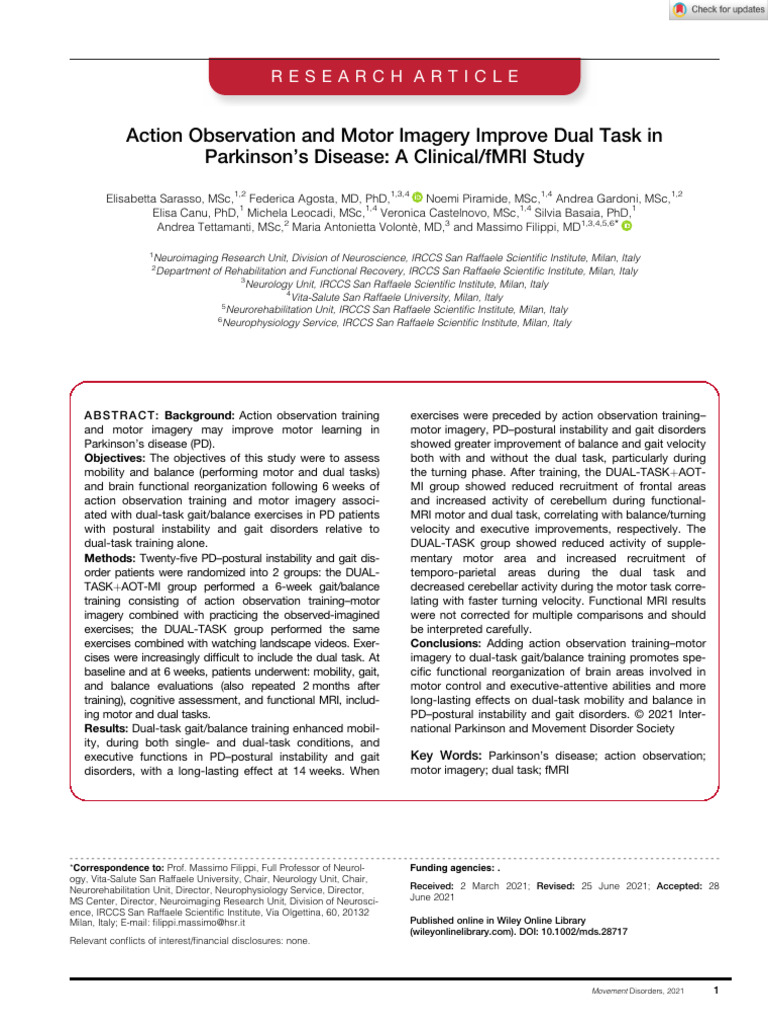 Action Observation Enhances Dual Task in PD | PDF | Balance (Ability ...