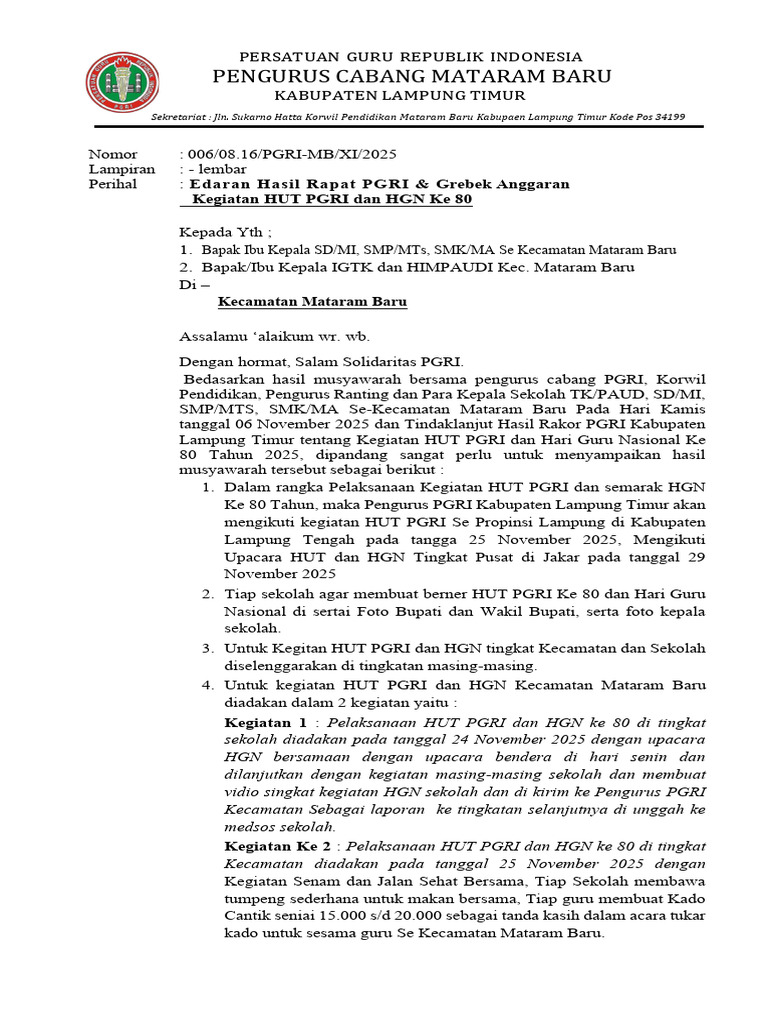 Revisi Undangan Hut Pgri & HGN 2025 | PDF