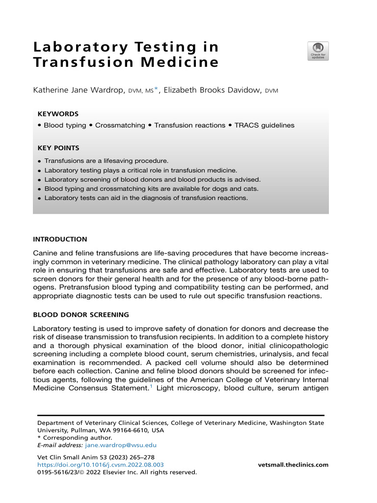 Laboratory Testing in Transfus 2023 Veterinary Clinics of North America ...