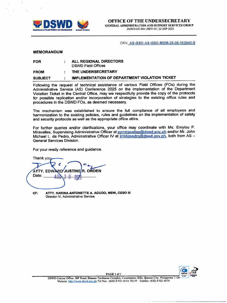 Memorandum Implementation of Department Violation Ticket | PDF