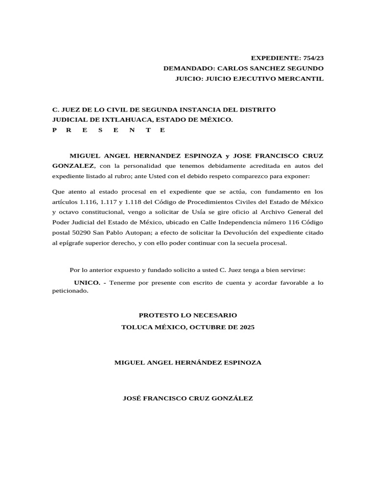 Solicitud Devolución Expediente (Mercantil) | PDF