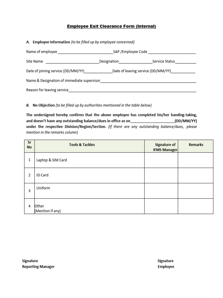 Employee Exit Clearance Form | PDF