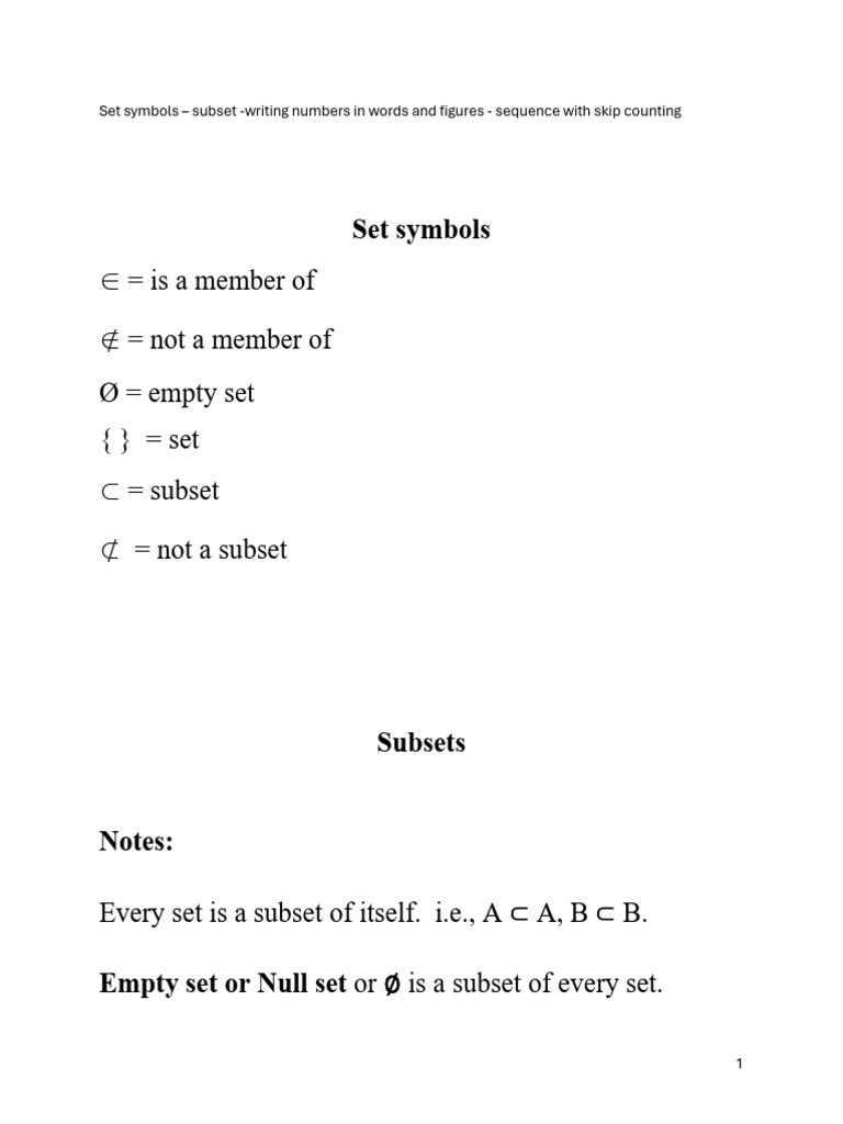 Set Symbols - Subset - Writing Numbers in Words and Figures - Sequence ...
