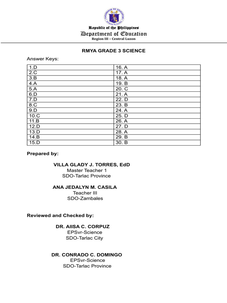 Grade 3 Science Answer Keys Philippines | PDF