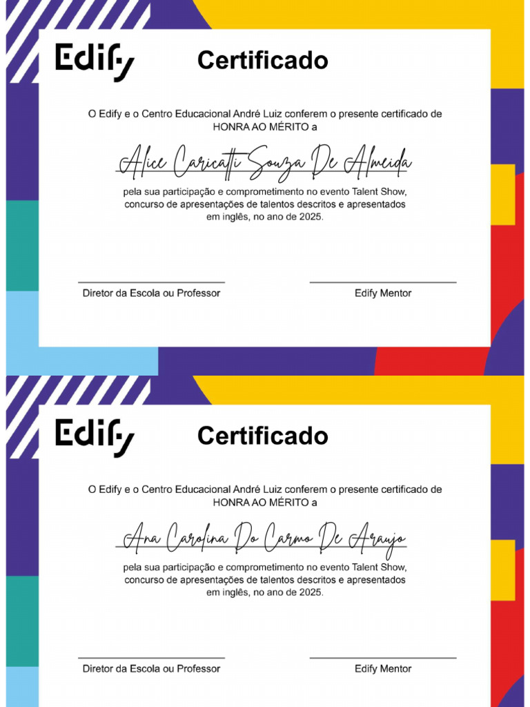 6º Ano - Certificados Talent Show - Edify | PDF