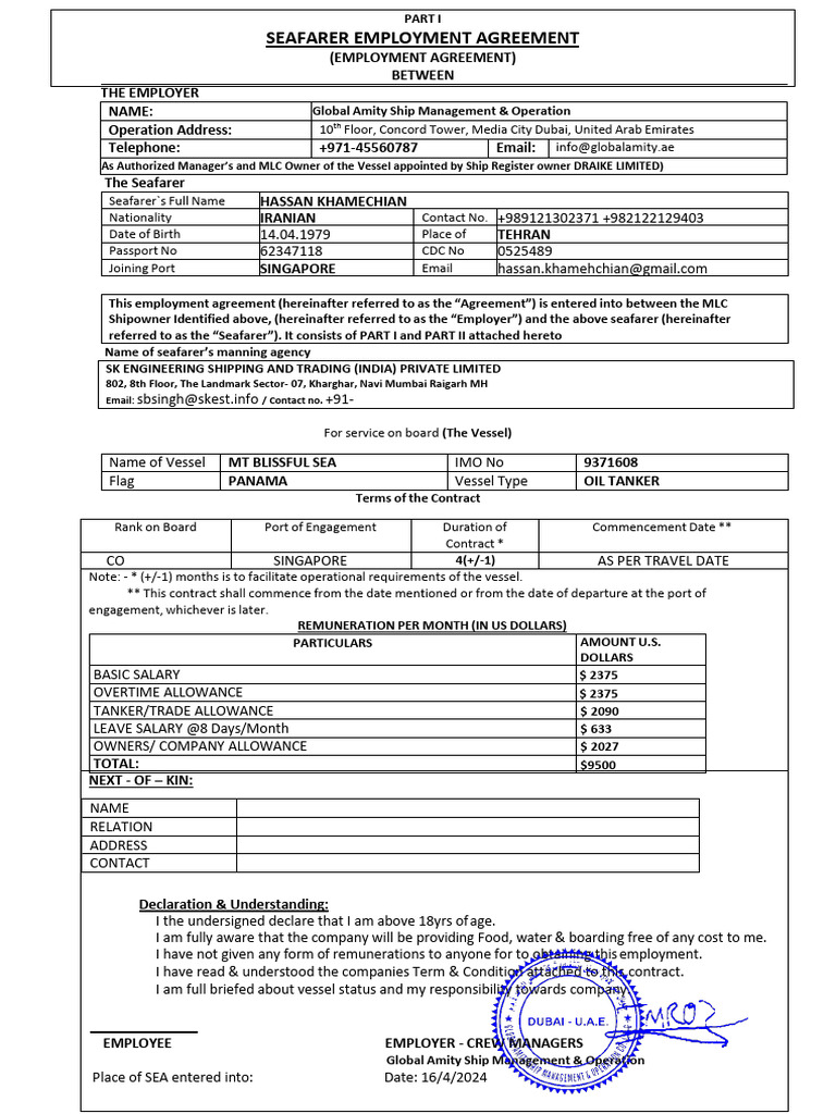 MT Blissful Sea Contract - Iranian - Co Khamechian | PDF | Employment ...