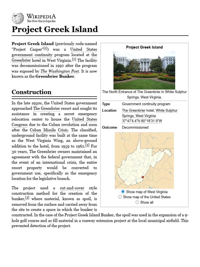 Greenbrier Bunker: Project Greek Island | PDF