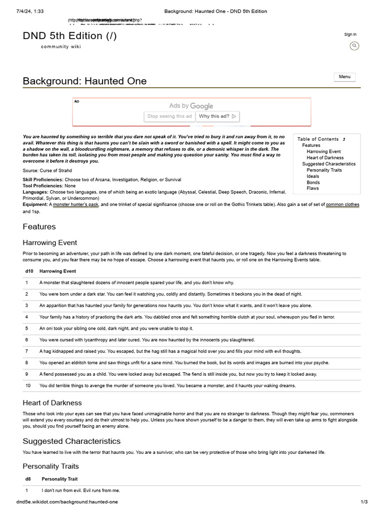 Haunted One Background for DND 5E | PDF | Demons