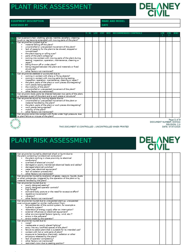 SS WHS SAF 000 Plant Risk Assessment Template | PDF | Risk | Hazards
