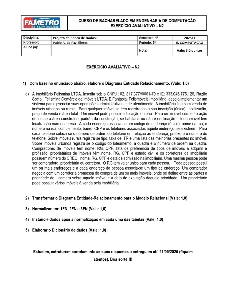 EXERCÍCIO AVALIATIVO N2 - PROJETO DE BANCO DE DADOS I | PDF