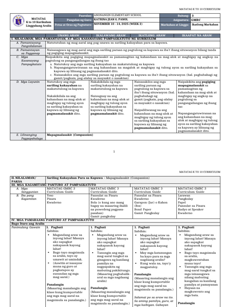 DLL MATATAG_GMRC 3_Q3_W2 | PDF