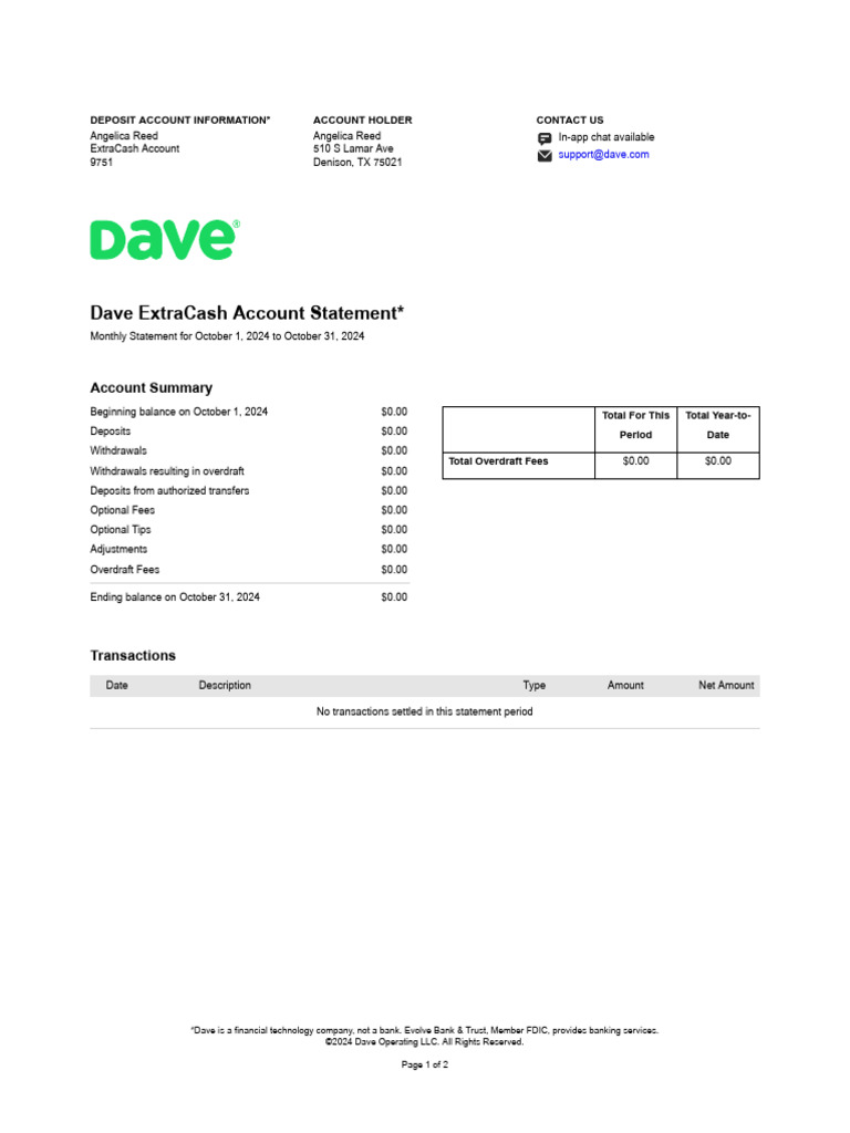 October 2024 Dave Bank Statement | PDF | Banks | Overdraft