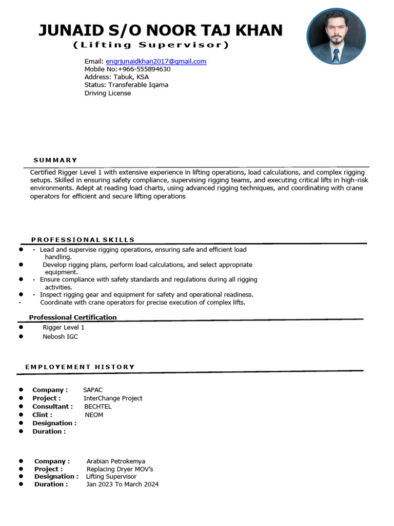 Lifting Supervisor Resume: Junaid Khan | PDF