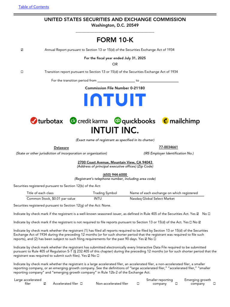 Intuit Inc.: FORM 10-K | PDF | Quick Books | Artificial Intelligence