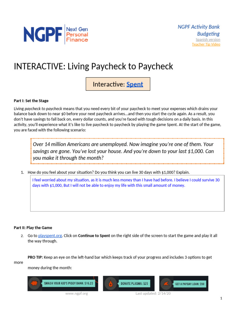 Living Paycheck to Paycheck Activity | PDF | Behavioural Sciences ...