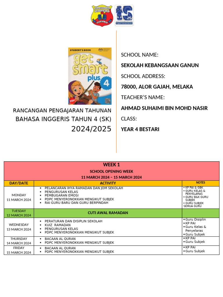 Annual English Teaching Plan Year 4 | PDF | Noun | Vocabulary