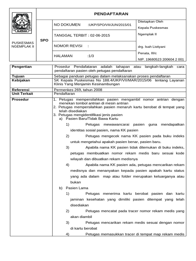 7.1.1.1 Spo Prosedur Pendaftaran | PDF