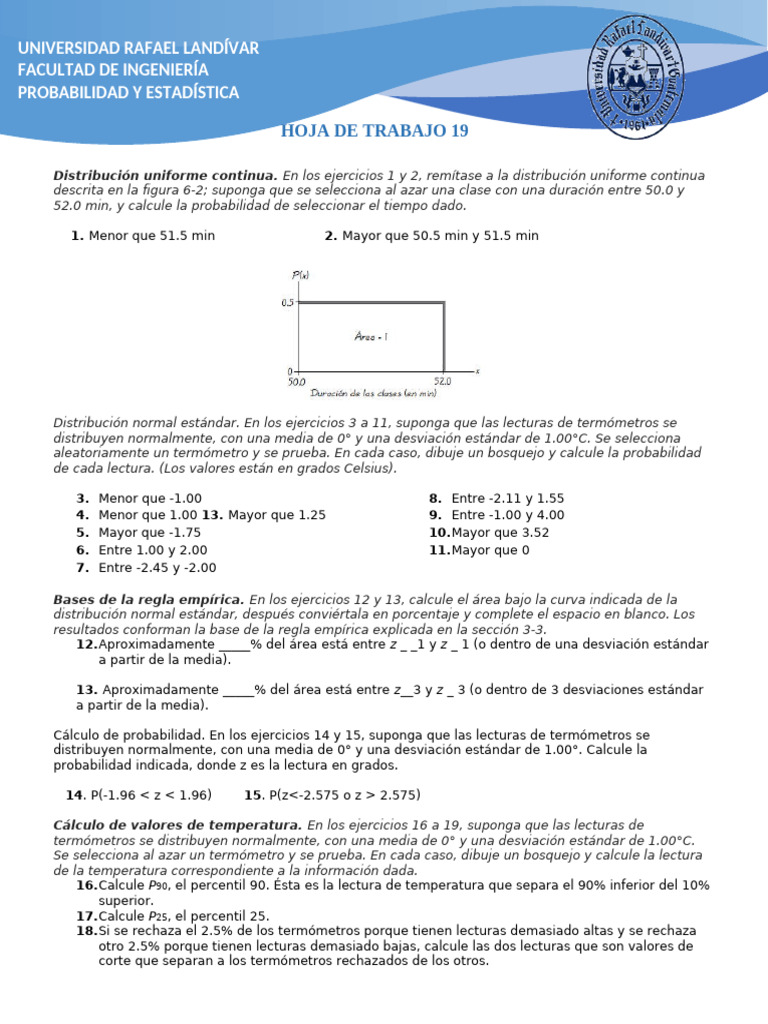 Hoja de Trabajo 19 PyE 1 Sem 2025 | PDF | Desviación Estándar | Termómetro